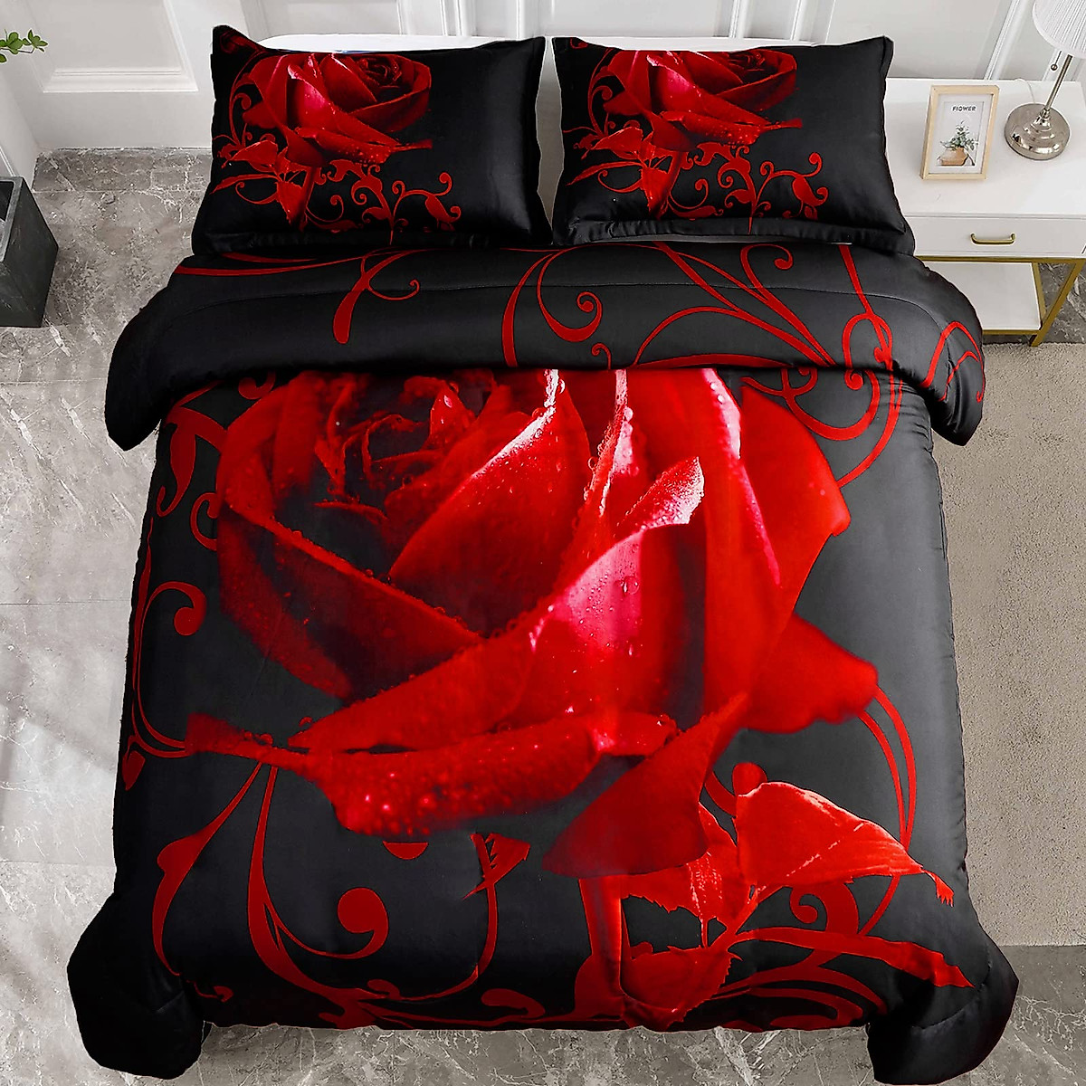 WONGS BEDDING Mother's Day Red Duvet Cover King, Reversible Red Rose Duvet Cover 3 Pieces with Zipper Closure-Ultra Soft Microfiber Bedding Set (1 Duvet Cover 90"x104"+2 Pillowcases)