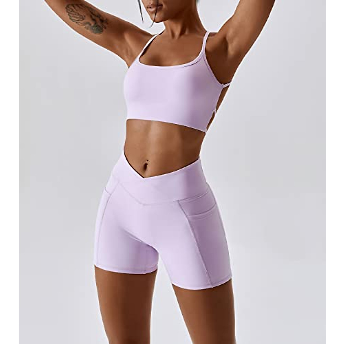 Workout Sets for Womem 2 Piece Criss Cross Back Sport Bra Cross Waist High Waist Booty Shorts with Pocket Exercise Gym Yoga Outfits Cross Back Purple Large