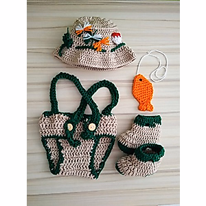 Pinbo Baby Photography Prop Crochet Fishing Fisherman & Fish Hat Diaper Shoes
