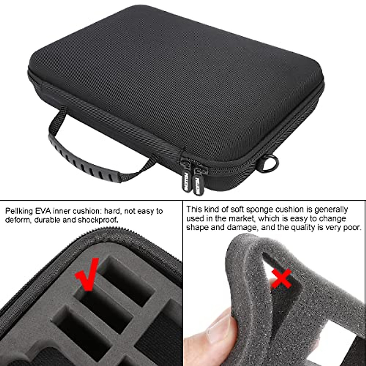 PellKing Large Carrying Surface-Waterproof Case for GoPro11,10,9 Camera,Hard Shell Bag with EVA Liner Compatible for GoPro hero 10,9,with Fully Customizable Interior Carry Handle and Carabiner Loop
