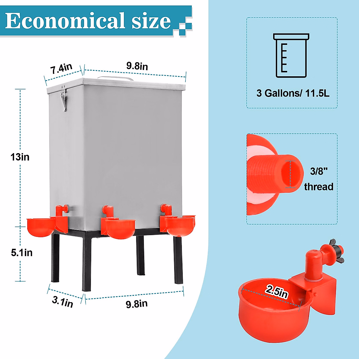 3 Gallons Chicken Waterer,Stainless Steels Automatic Chicken Waterer No Waste with Latch and Bottom Bracket，Poultry Watering 4 Water Cups Chicken Waterer and 4 Horizontal Automatic Chicken Nipples