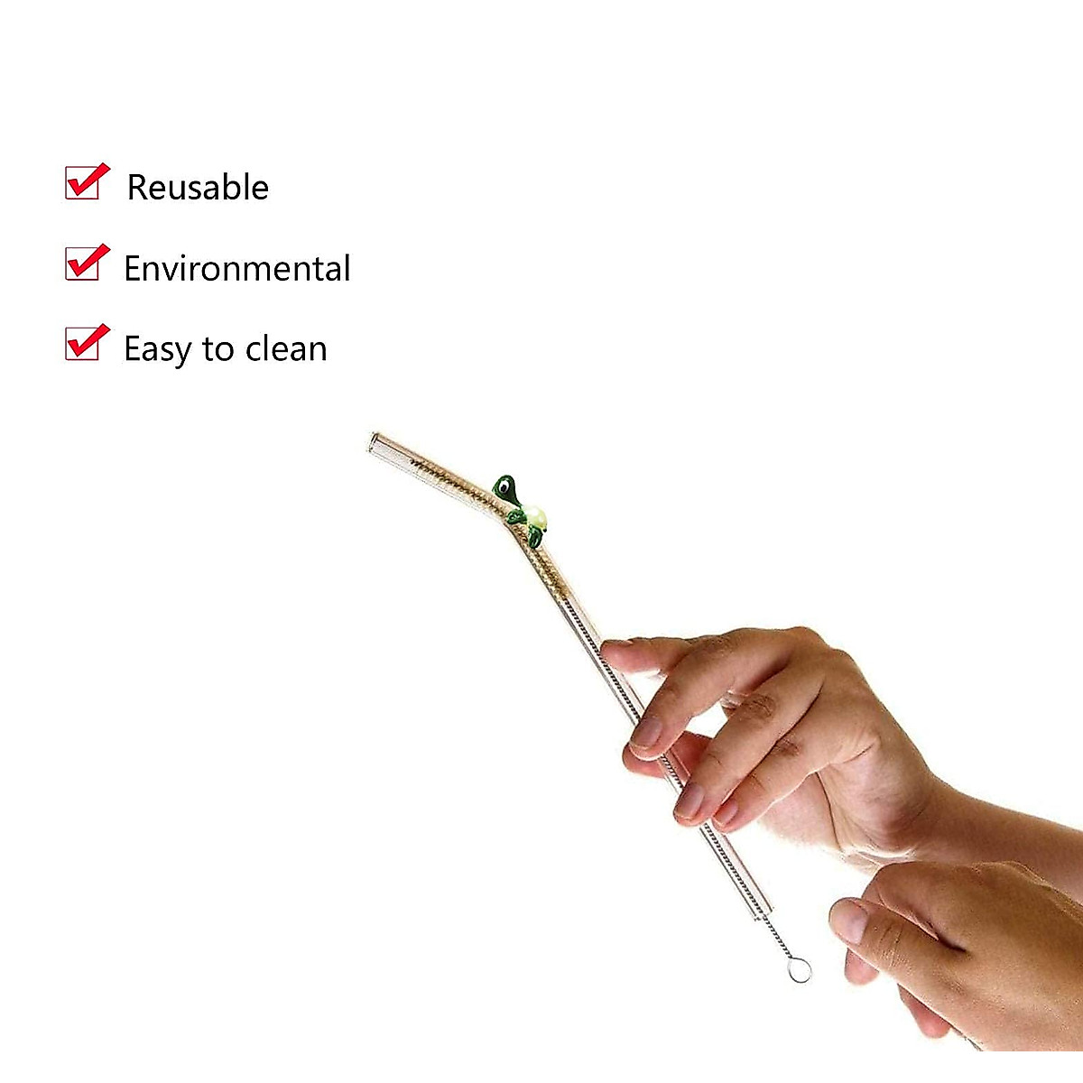3pcs Reusable Glass Straws Green Turtle on Clear Bent Straw 8 in x 9 mm With Cleaning Brush, Perfect for Smoothies, Cocktails