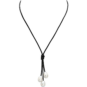 Pearlypearls 3 Freshwater Pearl Pendant Necklace on Black Leather Cord Jewelry for Women 18''