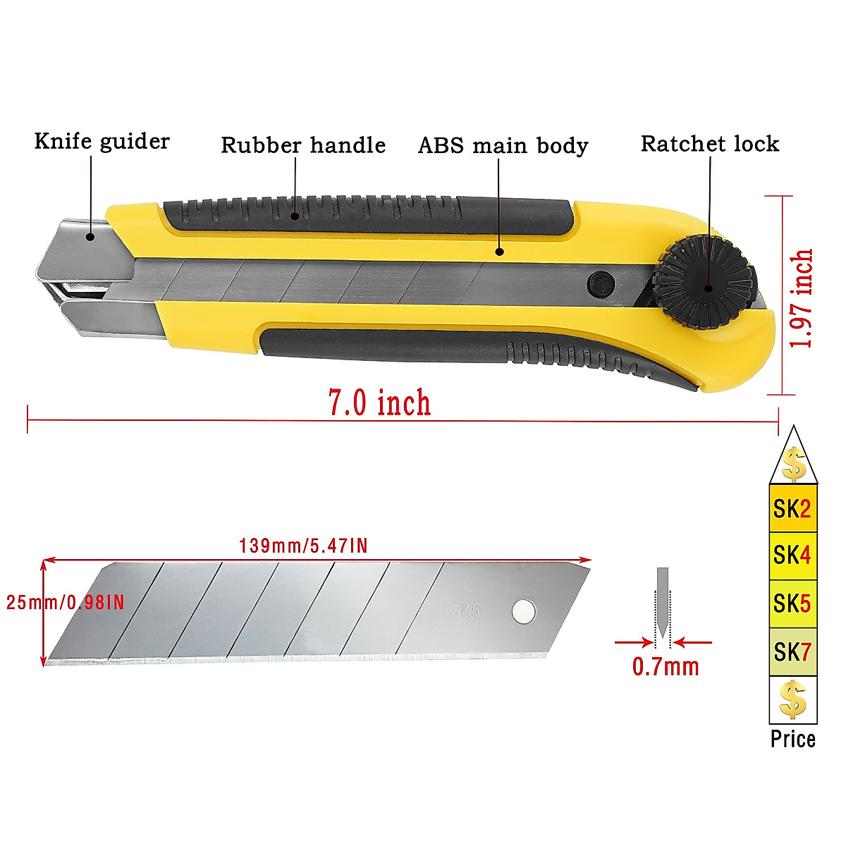 FeiLyKi 25mm 3-Pack Box Cutter Construction knife Heavy Duty Utility Knife Exacto knife,Retractable 10 SK5 Snap Off Blades-2063
