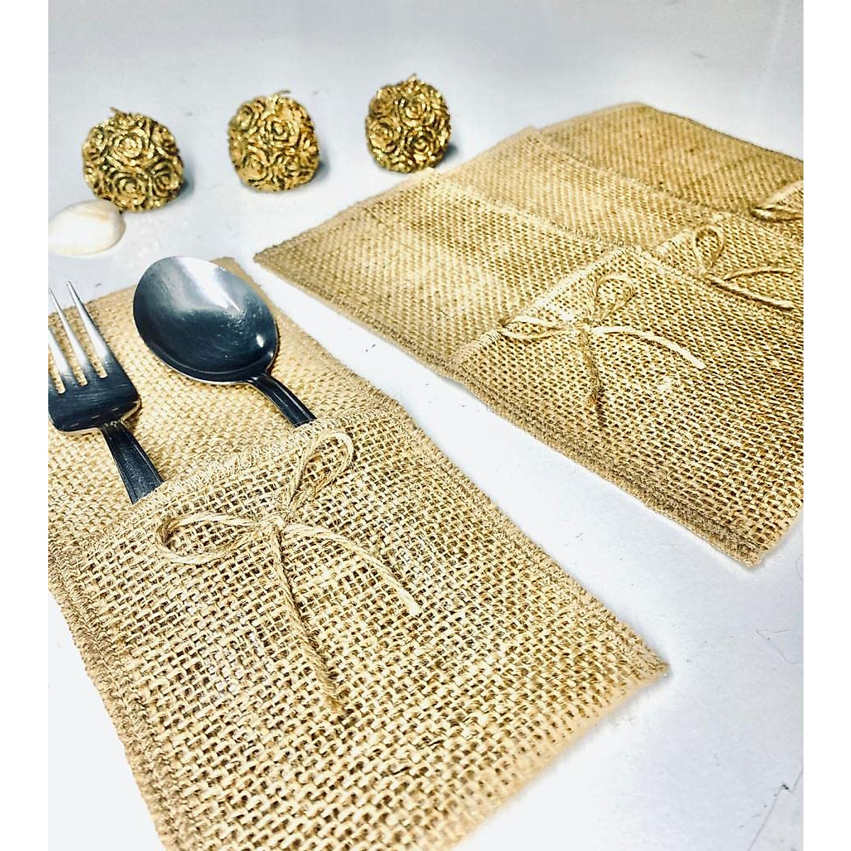 meditroia (Troia Textil(12,Pieces) Burlap Cutlery Holders Lace Utensil Pouch Knifes Forks Bag for Vintage Natural Wedding (4x8inch)