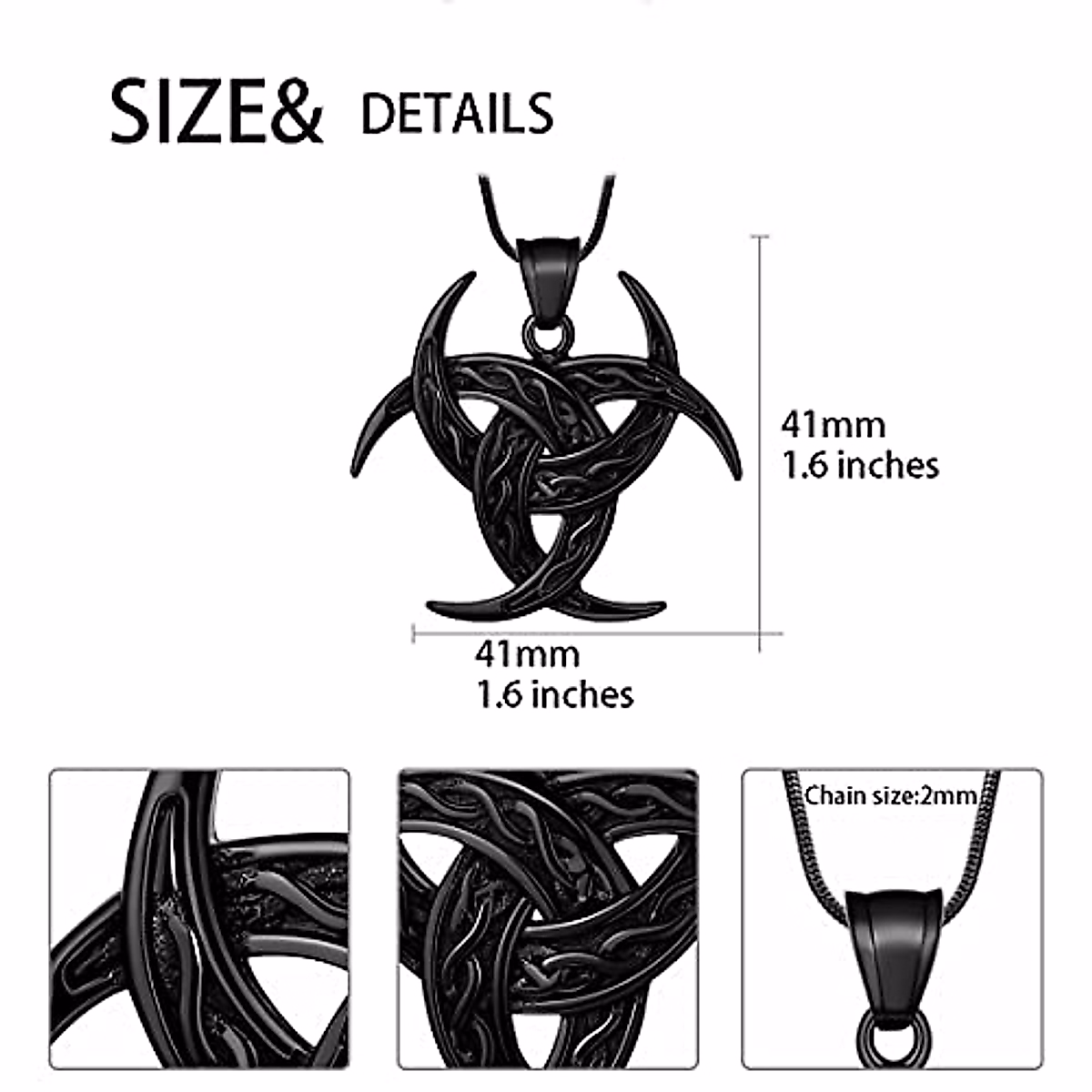 Celtic Knot Necklace Viking Pendant - Norse Mythology Jewelry Triple Odin Horn Crescent Moon Necklace Mens 316L Stainless Steel Triskelion Amulet Pewter Tribal Protection Triskele Jewelry SP0053B