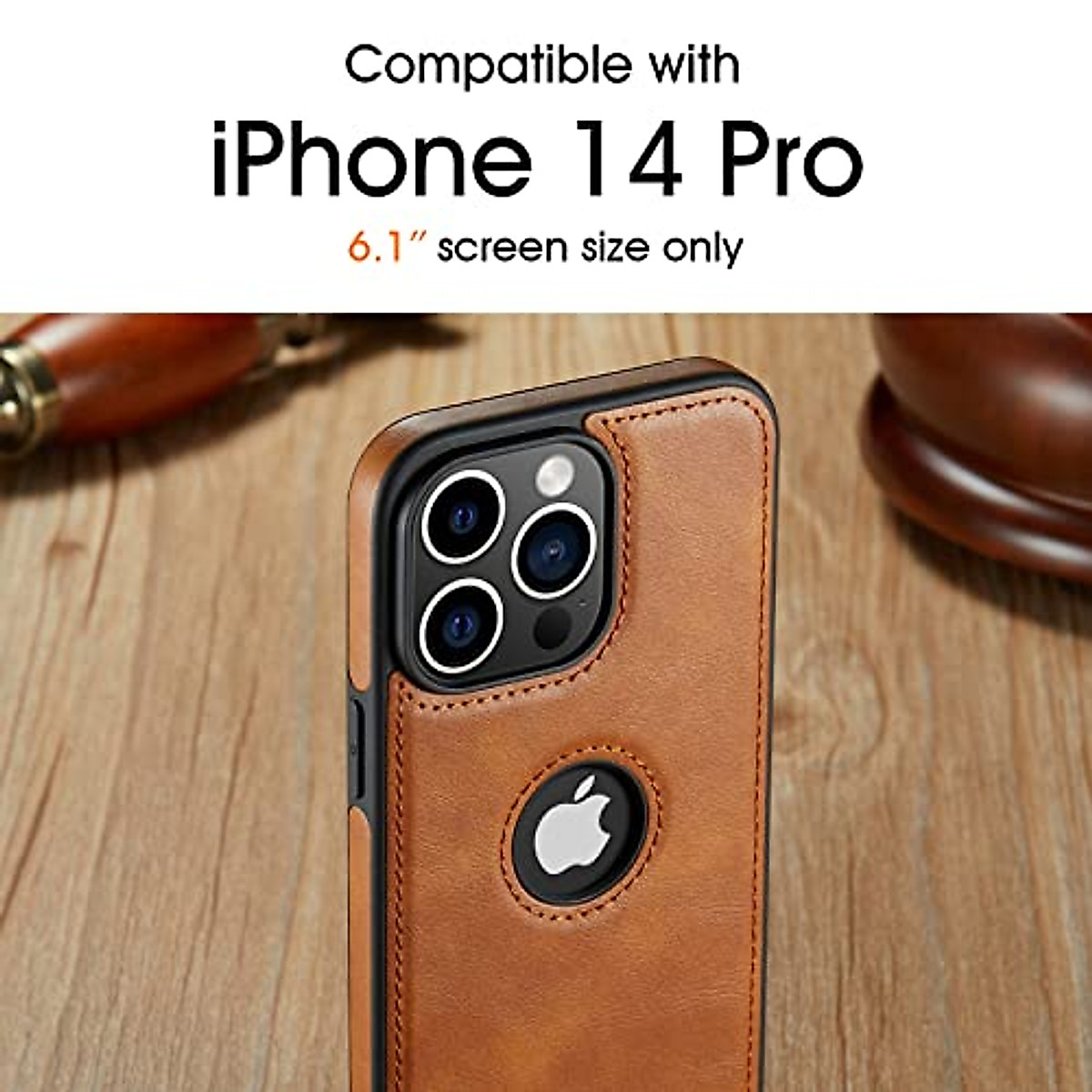 Casus Designed for iPhone 14 Pro Case Vegan Leather Slim Logo View Classic Luxury Elegant Thin Protective Cover (2022) 6.1" (Brown)
