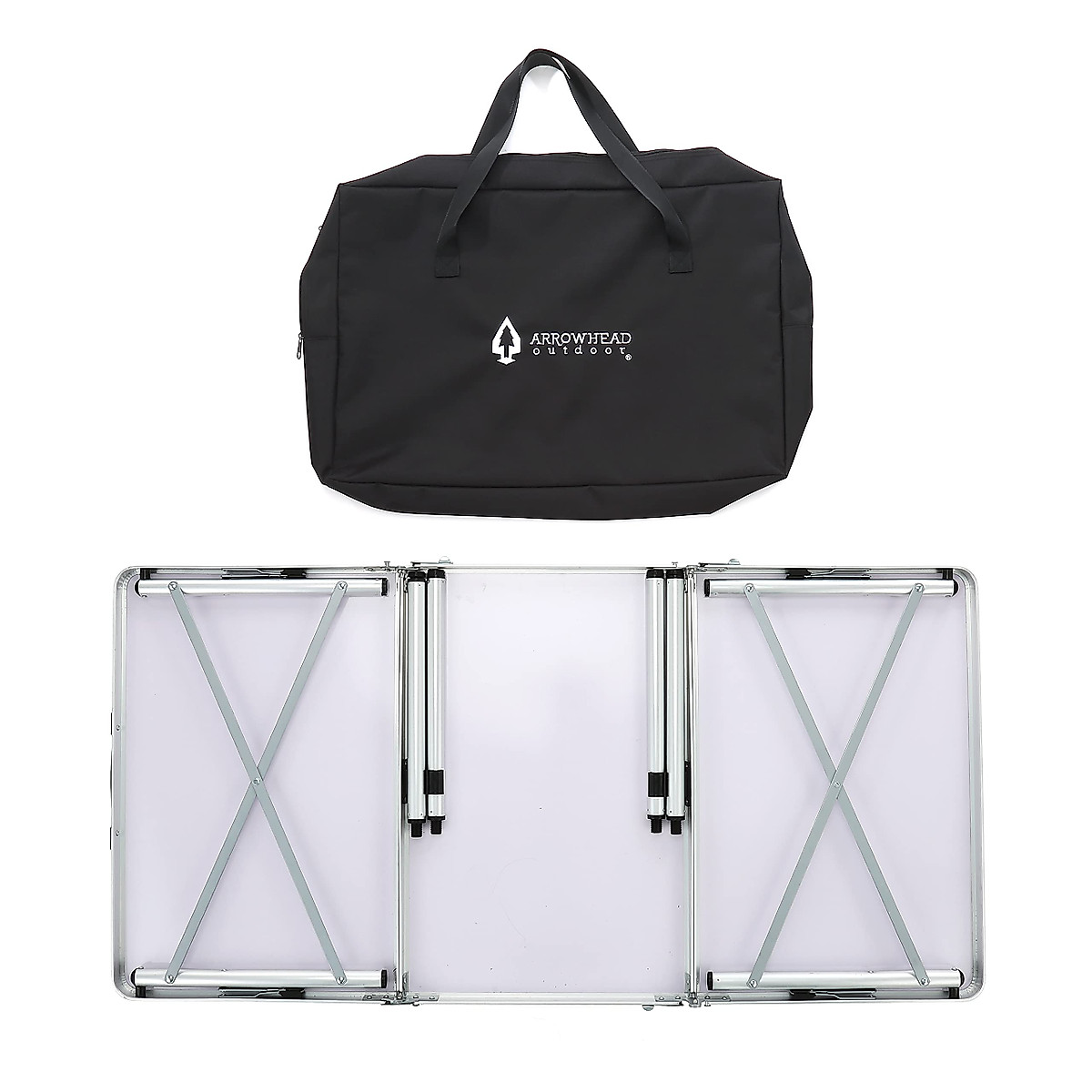 ARROWHEAD OUTDOOR 4’ ft Heavy-Duty Portable Aluminum Frame Folding Table w/Leveling Feet, Solid Tabletop Surface, 2 Adjustable Heights, Carrying Case Included, Lightweight, USA-Based Support