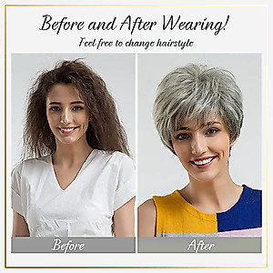 Gray Wigs for Women, Temperament, Oblique Bangs, Texture, Fluffy Short Hair, Black Gradient Silver, Middle-Aged and Elderly Women’S, Natural Hair Wig for Daily Use, Suitable for Girls and Women