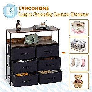 LYNCOHOME 6 Drawers Dresser with Shelves - Dresser for Bedroom, Closet, Clothes, Storage Tower Organizer, Chest of Drawers, Black Dresser for Bedroom, Fabric Drawers(Rustic Brown)