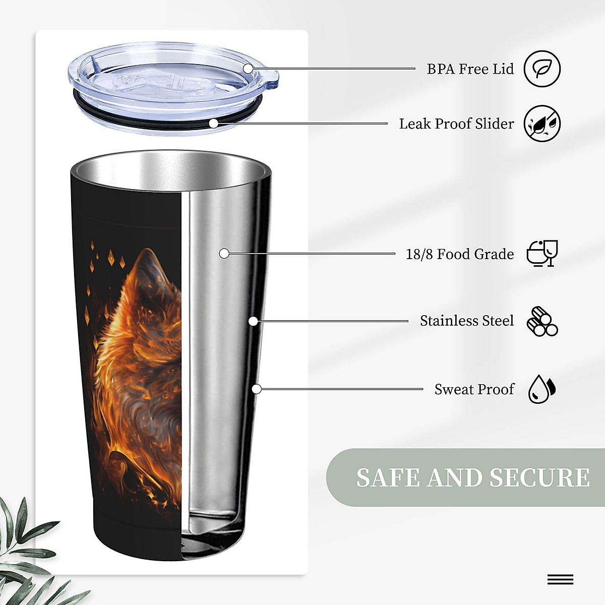 Buewutiry Gold Flame Pattern Wolf Tumbler with Lid and Straw, Cute 20 Oz Stainless Steel Insulated Tumbler Water Bottle Cup, Travel Coffee Mug Personalized Tumbler