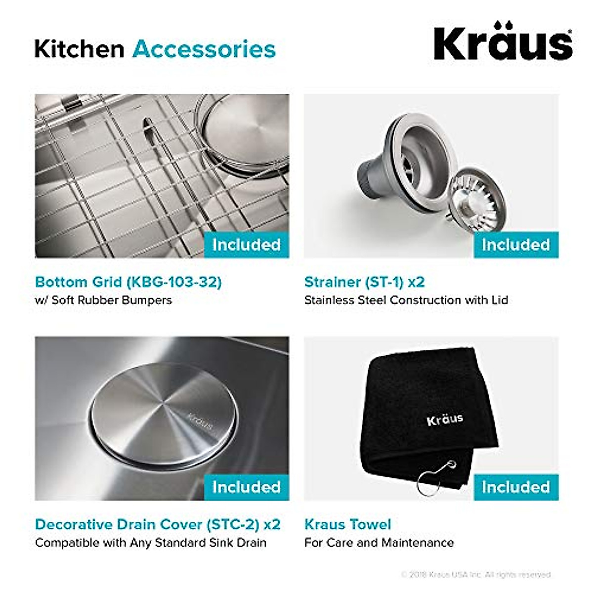 Kraus KHU103-32 Standart PRO 32 inch 16 Gauge Undermount 60/40 Stainless Steel Set (8 Item Bundle: Sink, Bottom Grid Assembly, Drain Cap x2, Kitchen Towel), 32, 50/40 Double Bowl, Silver