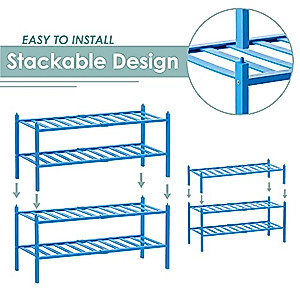quiqear Bamboo Shoe Rack, 2 Tier Shoe Rack Organizer, Stackable & Durable Shoe Shelf Holder, Free Standing Shoe Racks, Shoe Storage Organizer for Entryway, Closet, Hallway (Blue)