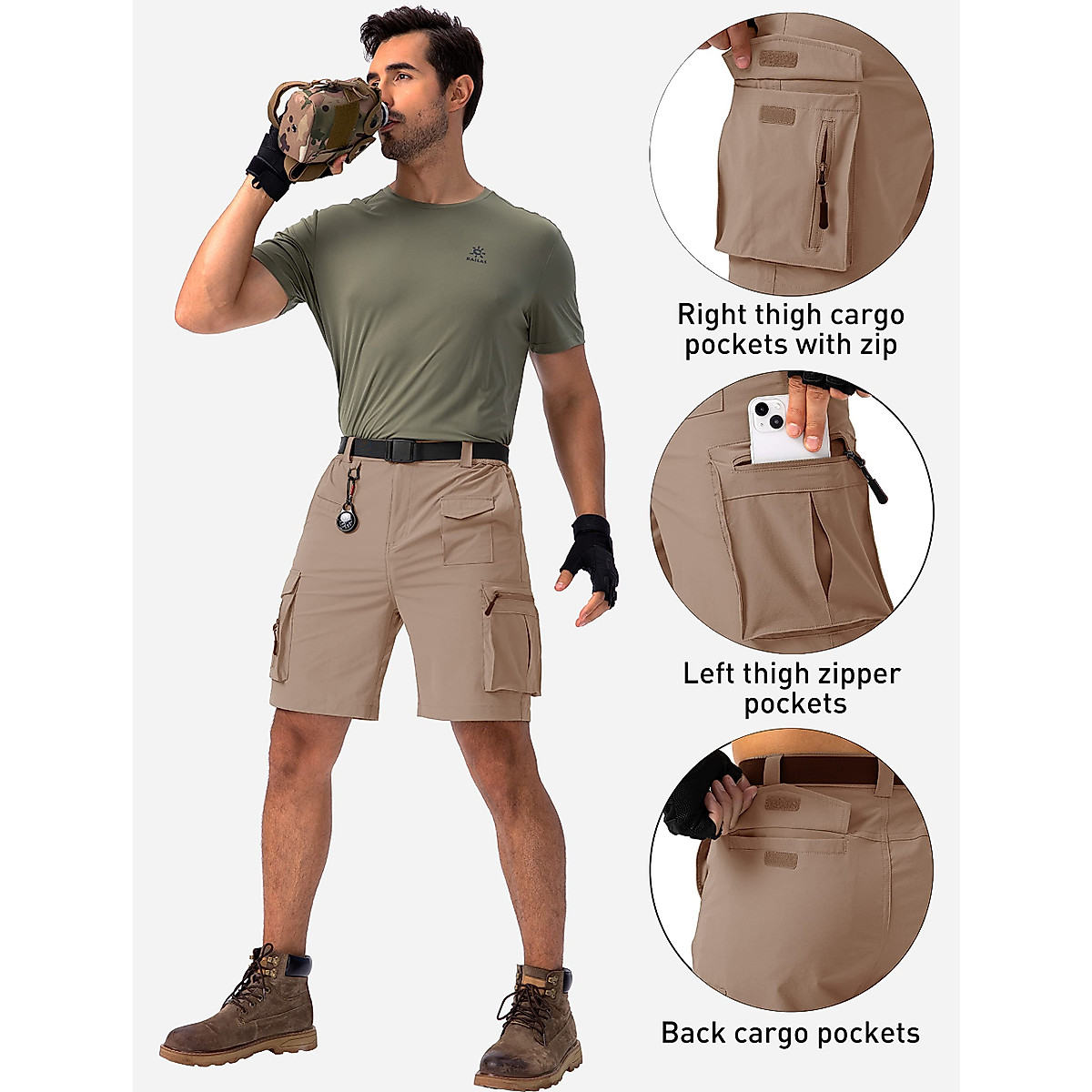 Viodia Men's Hiking Cargo Shorts Stretch Tactical Shorts for Men with 8 Pockets Quick Dry Lightweight Shorts for Work Golf Fishing Dark Khaki
