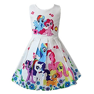 TOHD Toddler Girls Baby Princess Dress Sleeveless Little Pony Print Show Dresses (5-6 Years, White)