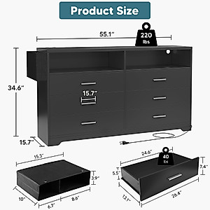Lumelay 6 Drawer Dresser for Bedroom with Charging Station, Modern Chest of Drawers with LED Lights, 55" Black Dresser, Double Wide Drawer Dresser Organizer Cabinet for Living Room, Entryway