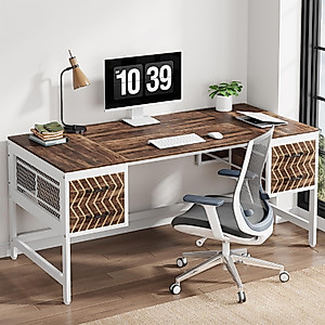 Tribesigns Computer Executive Desk with Drawers: Wood 63" Computer Desk with 4 Storage Drawers, Farmhouse Study Writing Table, Herringbone Business Furniture for Home Office, Brown and White