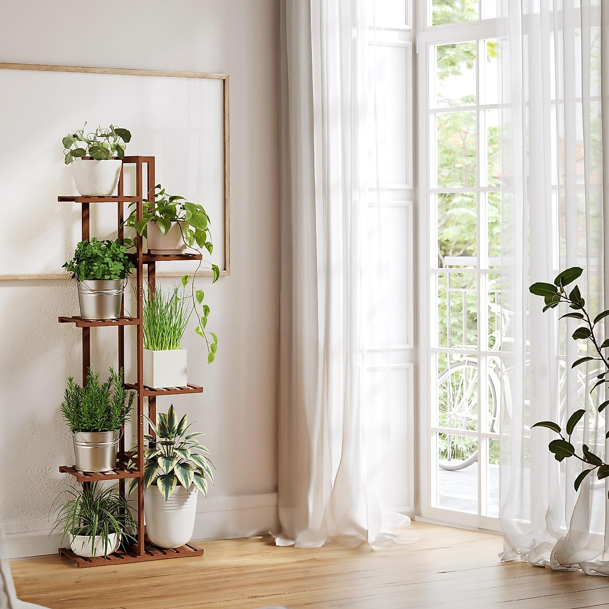 ROSSNY Plant Stand Indoor, 6 Tier 7 Potted Bamboo Plant Stands for Indoor Plants, Corner Plant Stand, Tiered Plant Stands, Plant Shelf For Indoor, Planter Holder for Multiple Plants Indoor Tall, Brown