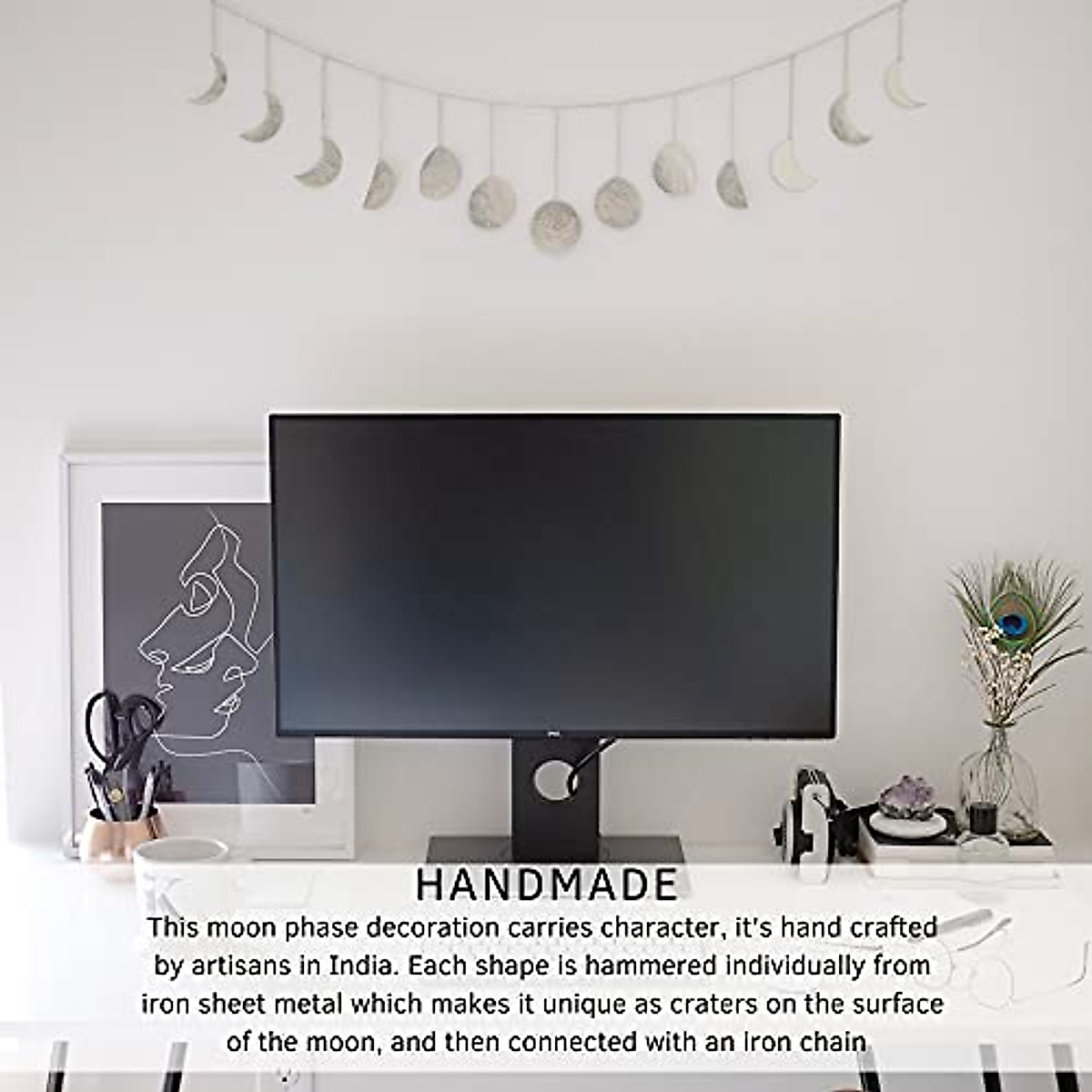 Moon Phase Wall Hanging, Handmade Hammered Silver Metal 13 Moons 36" Garland, Phases of the Moon Decorations, Celestial Lunar Art, Silver Garland Boho Decor for Bedroom Home Dorm Living Room Girl Gift