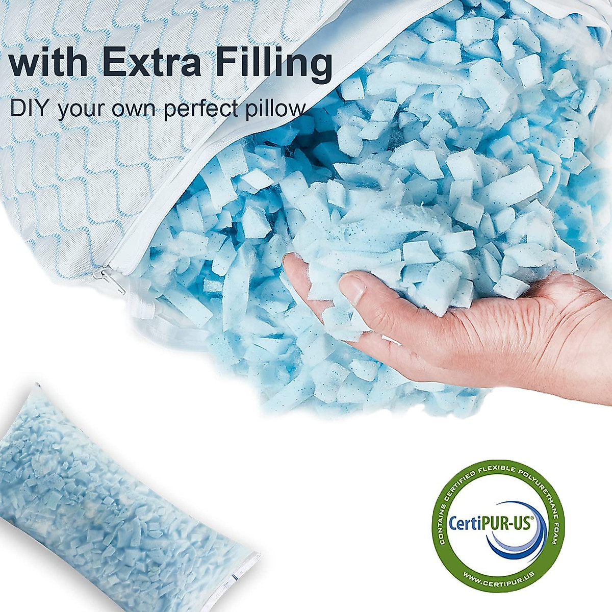 Uniqwamer Cooling Bed Pillows for Sleeping 2 Pack Shredded Memory Foam Adjustable Pillows King Size Set of 2 for Side Back Sleepers - Luxury Extra Comfy Gel Pillows with Washable Removable Cover