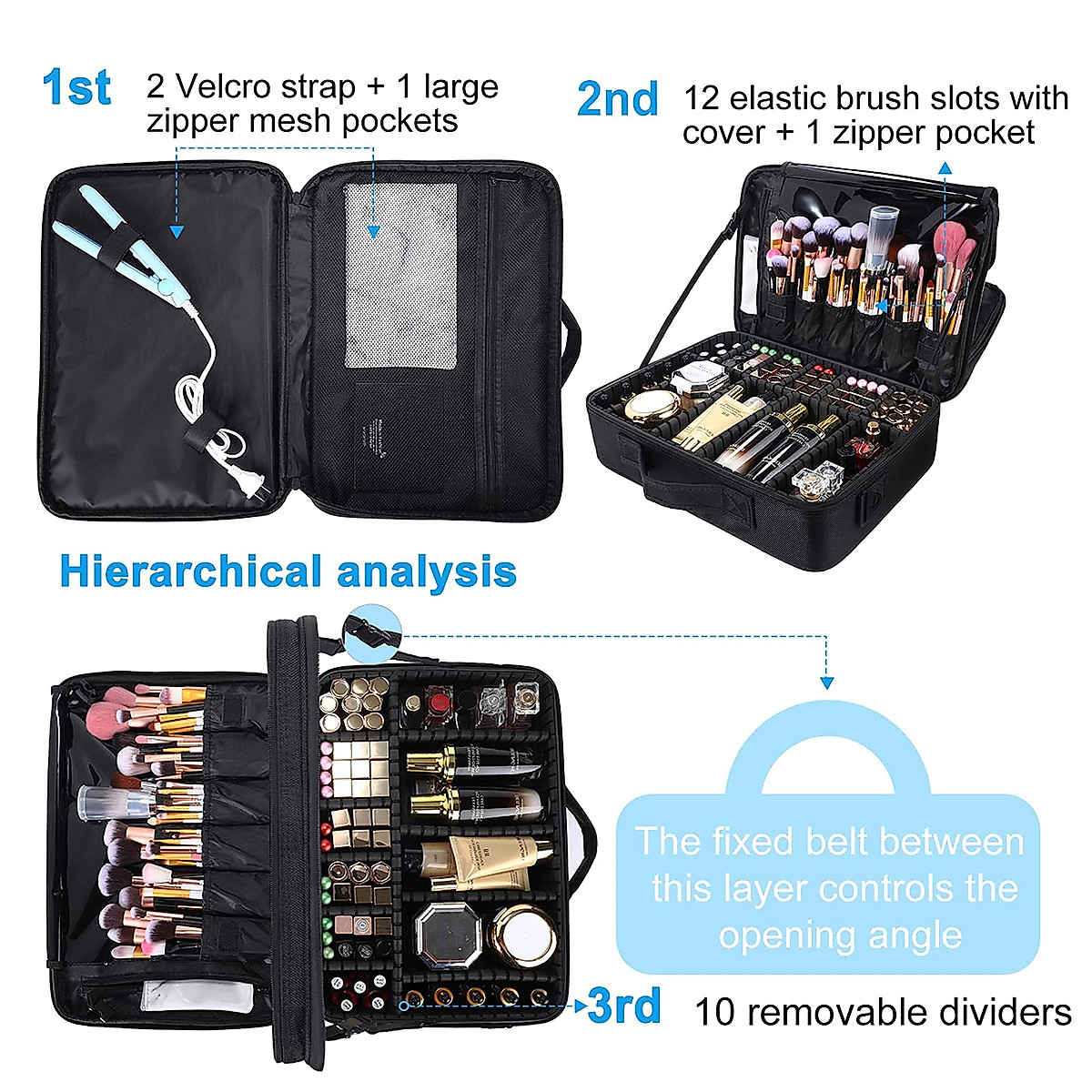 JOURMON Travel Makeup Case Portable Makeup Train Case Organizer Cosmetic Bag with Adjustable Dividers and Shoulder Strap for Makeup Brushes Toiletry Travel Accessories(Pure Black, L)