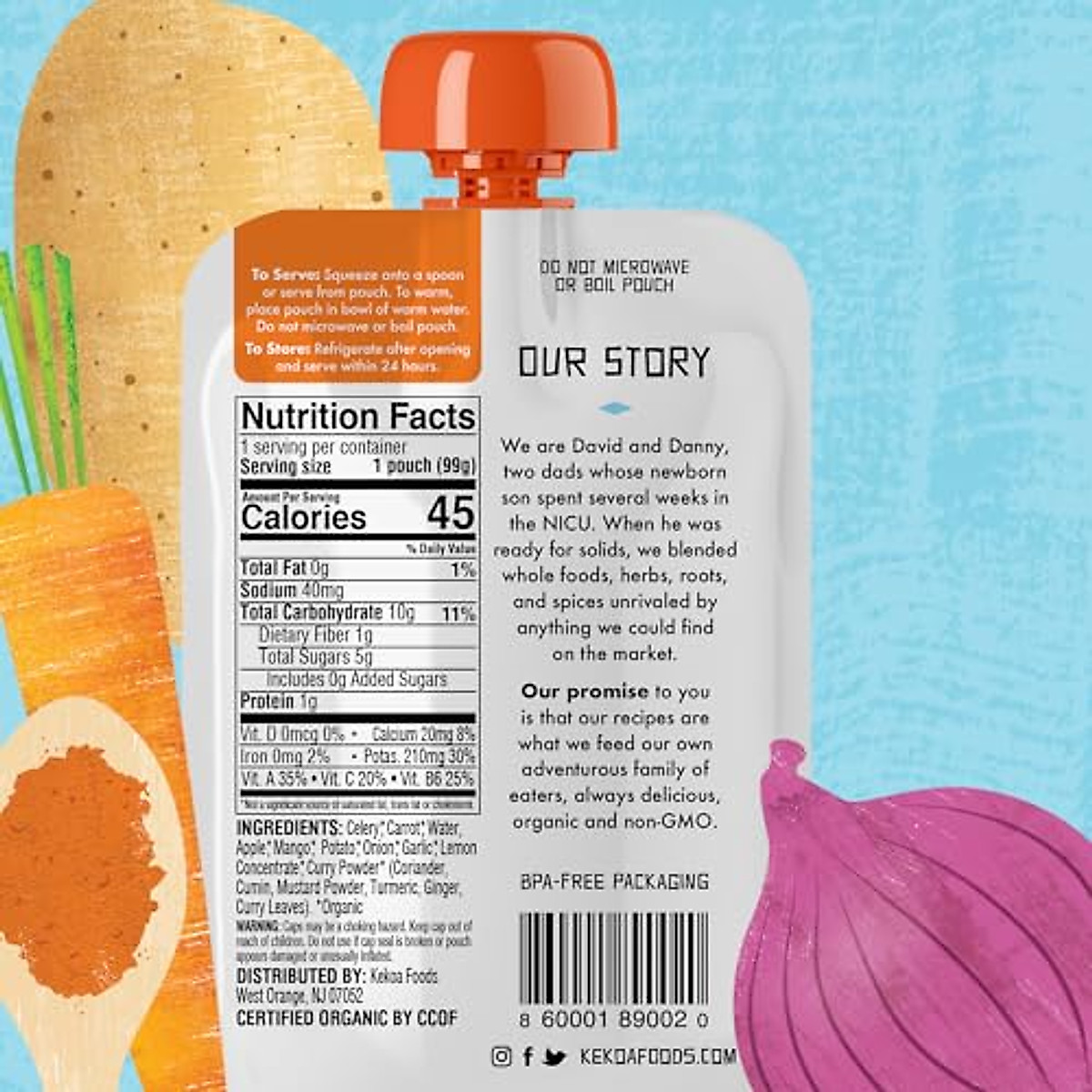 Kekoa Foods Curry Vegetable Mango Baby Food Purée | 100% USDA Certified-Organic, No Sugar Added | Organic, Non-GMO, Gluten-Free, Vegan | Mild Curry with Celery, Carrot & Potato | 3.5 oz Squeeze Pouch