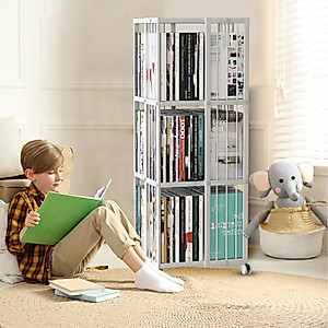 Huhote Rotating Bookcase White 3 Tiers Metal Large Capacity Bookshelf, 360°Cubic for Small Space with Storage and Creative Multi-Layer Shelves,Magazine Books for Bedroom Living Room Study Office