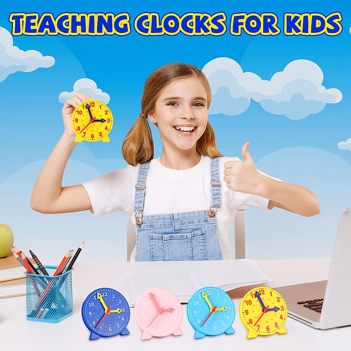 Batiyeer 24 Pcs Teaching Clock Kit for Kids to Tell Time Teaching Clock Mini Geared Clock for Kids Basic Math Development Teacher and Classroom Supplies, 4 Inch (Dark Blue, Yellow, Pink, Sky Blue)