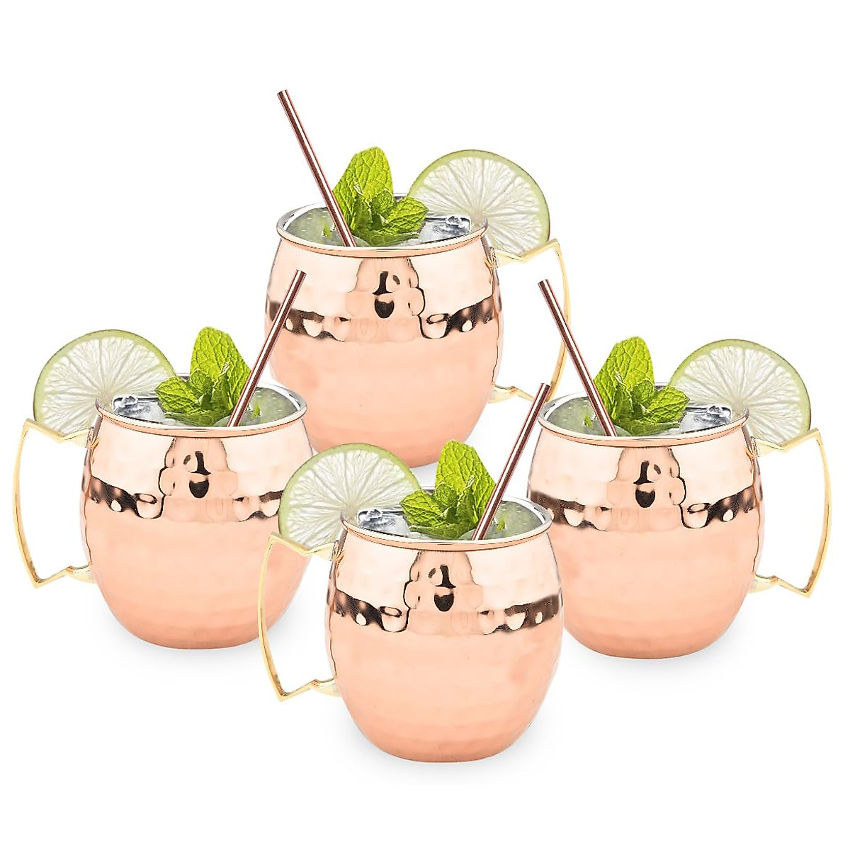 BOLD & DIVINE Copper Plated Moscow Mule Mugs Set of 4 | 18 Oz Hammered Copper Cups with Stainless Steel Lining Gold & Brass Handles with Copper Straws & Shot Glass | Perfect for Bars, Parties & Gifts