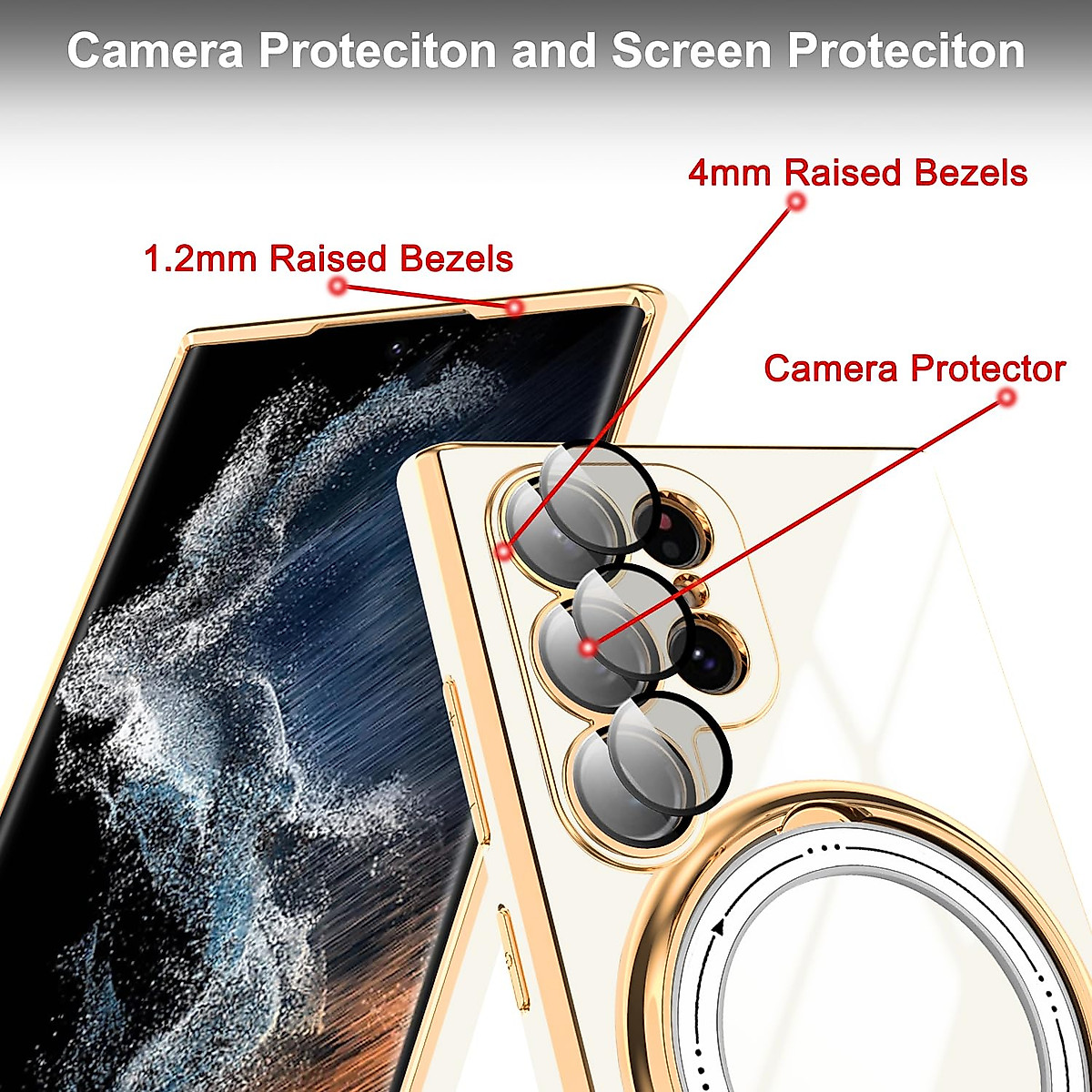 Dinick for Samsung Galaxy S22 Ultra Case with Magnetic Ring Holder [Compatible with Magsafe] [Built-in Camera Lens Protector] Glitter Electroplated Gold Sides Case for Galaxy S22 Ultra White