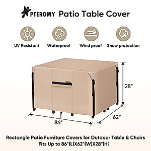 PTEROMY Waterproof Patio Table Cover, Heavy Duty 600D Canvas Patio Furniture Covers for Outdoor Dining Table and Chairs (Beige, 86''x 62'')