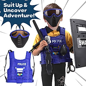 Ultimate All-in-One Kids Police Role Play Toy Kit - 15-Piece Policeman Pretend Play Set for Kids - SWAT Accessories for Dress Up Costumes - Badge, Shield, Vest, Handcuffs Included