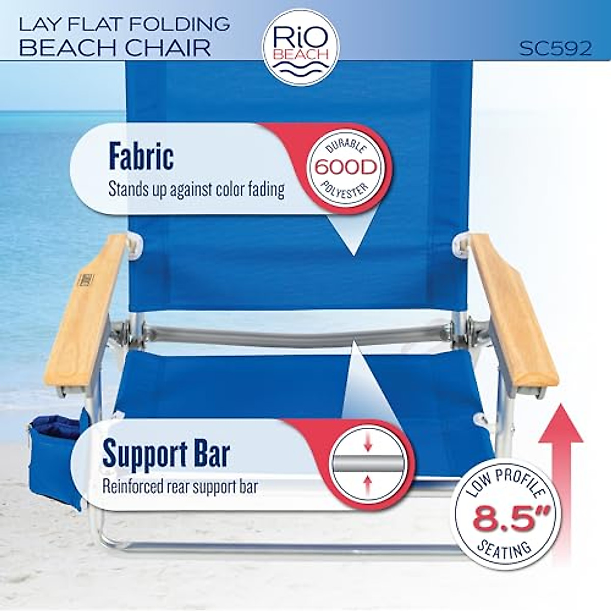 Rio Beach Classic 5-Position Lay-Flat Folding Chair, Outdoor Pool and Beach Chair with Carrying Strap and Towel Bar, Blue