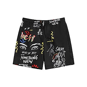 WDIRARA Men's Graphic Print Colorblock Drawstring Waist Active Pocket Shorts Black L