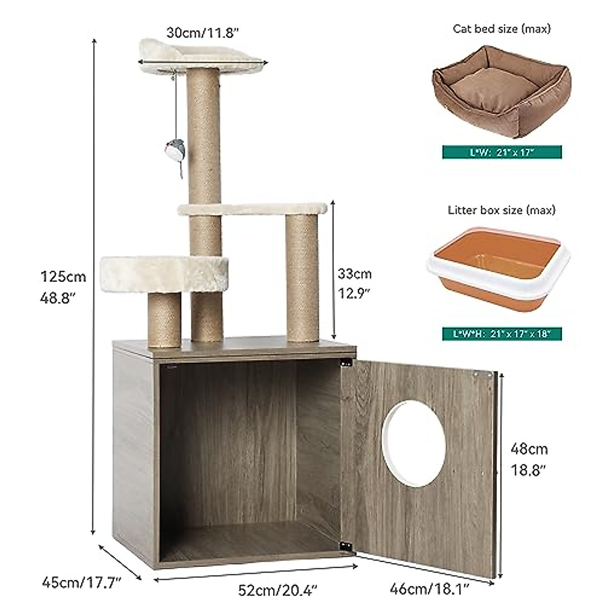 YITAHOME Litter Box Enclosure with Cat Tree, Litter Box Furniture Hidden Furniture, Mordern Cat Tower with Hammock and Scratching Post for Indoor Cats