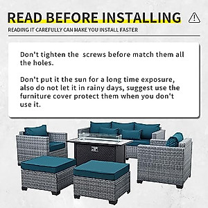 Lviden 6 Pieces Wicker Patio Furniture Sets Outdoor Conversation Set PE Rattan Sectional Sofa Couch with 45" Fire Pit Table and Peacock Blue Cushions