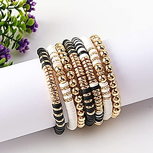 GOOJIDS Black Surfer Heishi Clay Bead Bracelets for Women Bohemian Stackable Vinyl Disc Beaded Stretch Bracelets Layering Friendship Bracelets Boho Jewelry