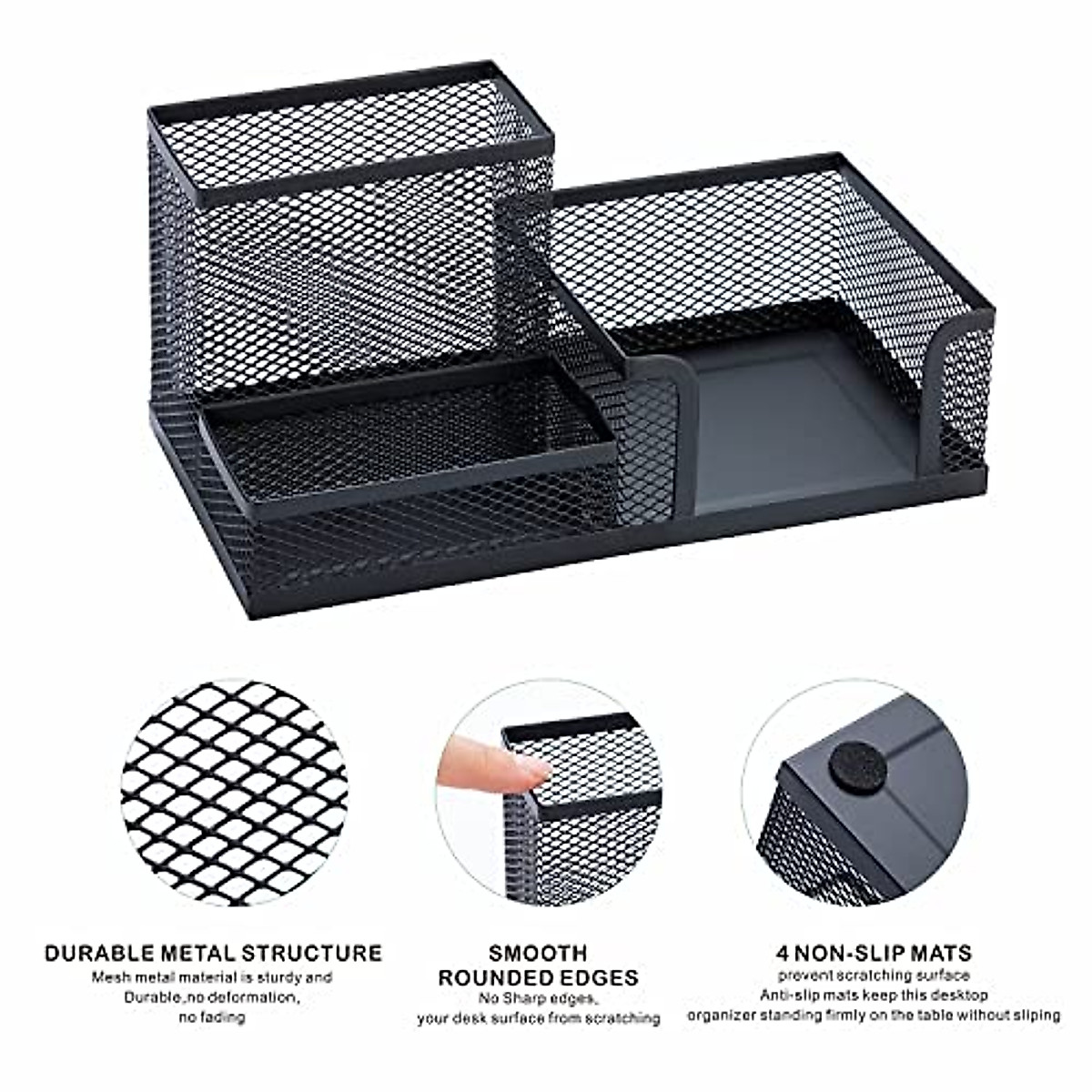 Yunqing Black Mesh Pen Holder - Multipurpose Mesh Desk Organizers Large Capacity Office Supplies with Sticky Notes Holder and 3 Compartments 4 Non-slip Mats Easy Storage Suitable for School, Home