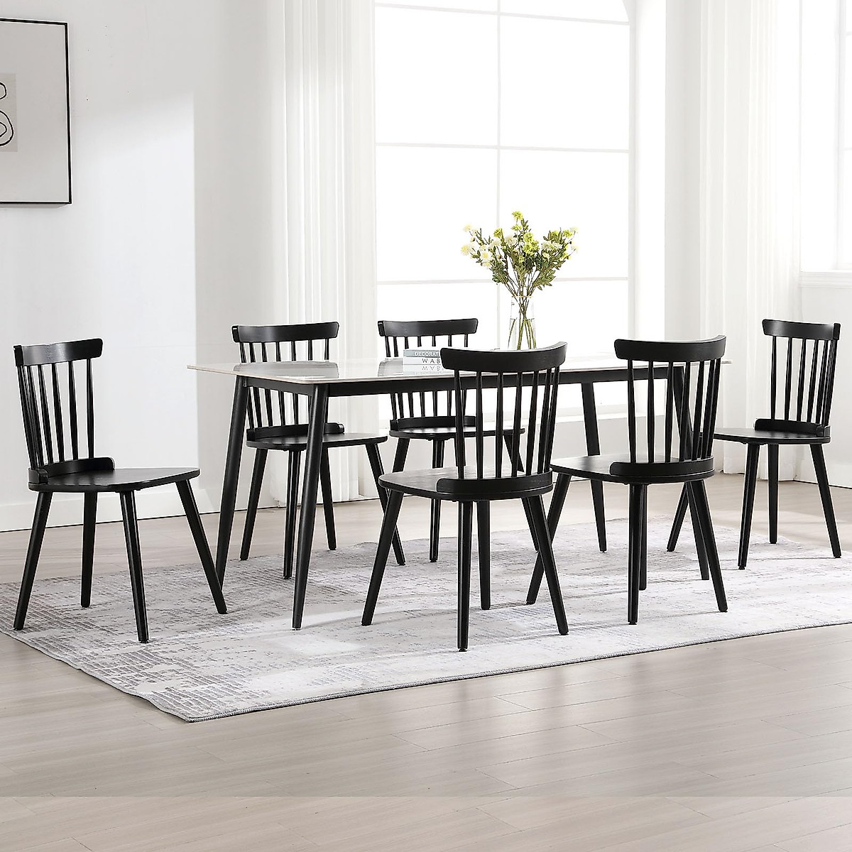 RêveLife Windsor Dining Chair Set of 6 Farmhouse Solid Wood Spindle Back Side Chair Mid-Century Modern Black Armless Kitchen Chair for Dining Living Room Farmhouse Restaurant