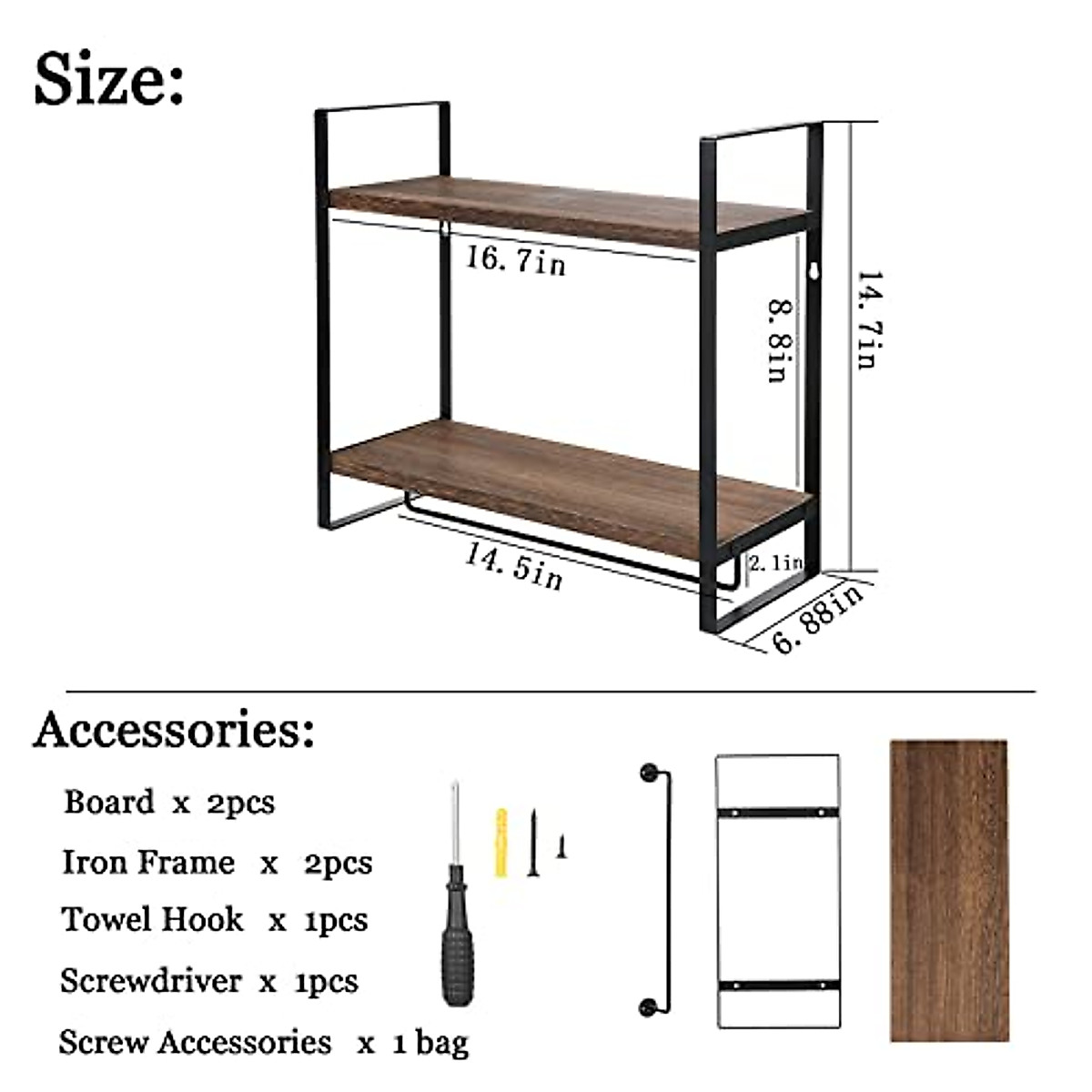 Infankey Bathroom Shelves, 2 Tier Bathroom Shelves Over Toilet, Wood Floating Shelves with Towel Bar, Bathroom Shelf Organizer for Wall Decor, Wall Shelf for Living Room, Kitchen, Bedroom