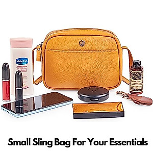 Cochoa Small Crossbody Bag for Women Pebbled Soft Real Leather Disco Sling Purse Premium Crossover Handbag with Card Case (Mustard Nappa)