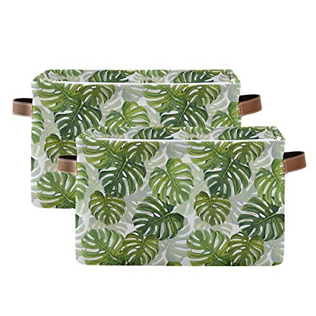 senya Large Foldable Storage Basket, Tropical Pattern Green Leaves Fabric Storage Bin Organizer Bag with Handles 15 x 11 x 9.5 inch