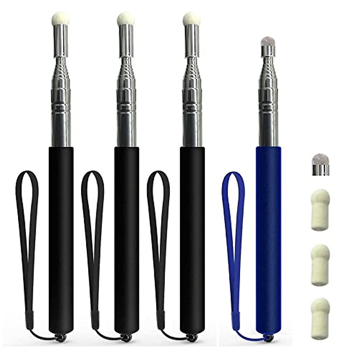 Pointer for Teachers, Yeeseok 4 Pcs Telescoping Teachers Pointers Stick Stainless Steel Extendable for Classroom Supplies (3 Pcs with Felt Tip & 1 Pcs with Capacitor Tip for Touch Screens iPad)