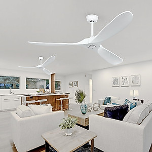 HUMHOLD 60" Wood Ceiling Fan no Lights with Remote, Reversible DC Motor 6-Speed Ceiling Fan, 3 Wood Fan Blades White Ceiling Fan Without Light, Modern Propeller Ceiling Fans for Bedroom/Living Room
