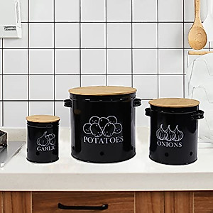 Gdfjiy Onion and Potato Storage, Set of 3 Antique Cream Vintage Potato Onion, Home Space-Saving Kitchen Canisters with Bamboo Lid & Handles - Airtight Potato, Onion & Garlic Keeper for Vegetable Storage - Long Shelf Life (Black)