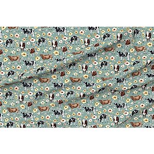 Spoonflower Fabric - Farmhouse Blue Cows Flowers Large Pink Floral Dots Spring Watercolor Printed on Petal Signature Cotton Fabric by The Yard - Sewing Quilting Apparel Crafts Decor
