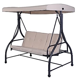 Tangkula Converting Outdoor Swing Patio Porch Garden Swing with Comfortable Cushion Seats, Adjustable Canopy & Coated Steel Frame Patio Swing 3 Seats Patio Deck Furniture (Beige)