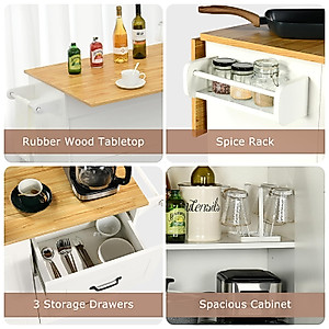 4 EVER WINNER Kitchen Island Cart with Drop Leaf & 3 Drawers, 43” Kitchen Island with Storage Cabinet on Wheels, Spice Rack, Towel Rack, Rolling Kitchen Island Table Breakfast Bar for Kitchen, White