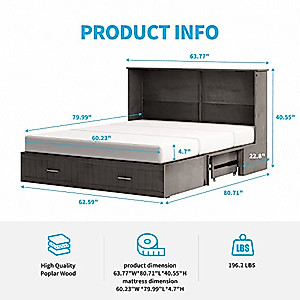Mjkone Murphy Bed with Folding Memory Foam Mattress, 81" W Cabinet Bed with USB Charging Station, Queen Murphy Cabinet Chest Bed Has 2 Large Drawers Use for Living Room/Bedroom (Queen Grey)