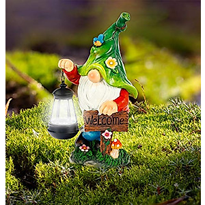 WOGOON Garden Gnome Statue, Resin Figurine with Bright Solar Lantern Lights and Welcome Sign, Outdoor Solar-Powered Illumination Yard Art Decorations for Indoor Outdoor Patio Lawn Garden Room